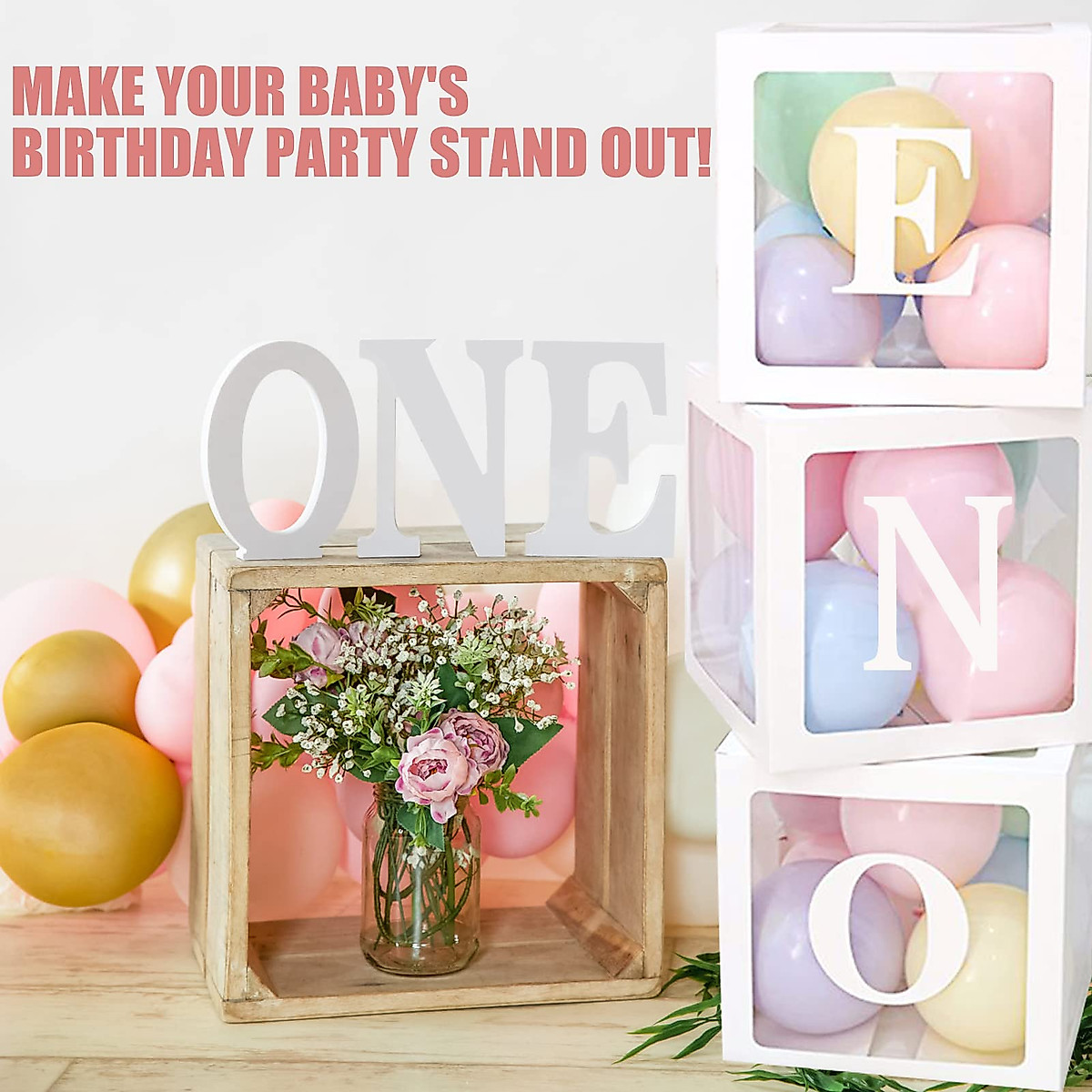 First Birthday Balloons Boxes for Boy or Girl 'ONE' Letters Individual Three White Transparent Square Boxes Baby 1st Birthday Party Decorations Backdrop Photo Shoot Prop