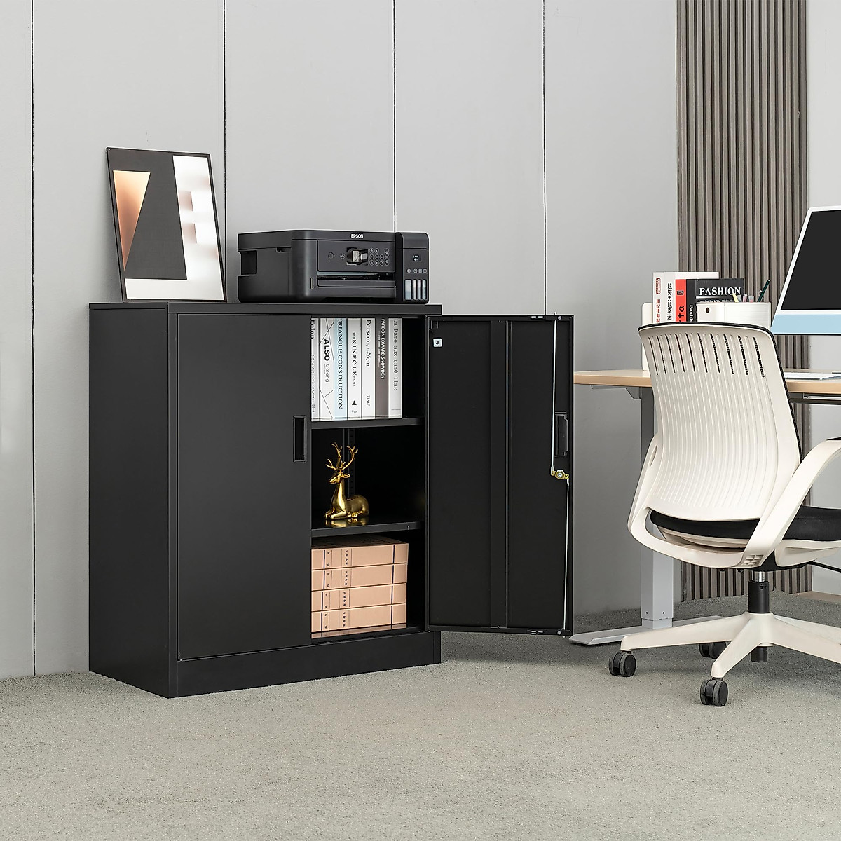 iDEKAI Metal Storage Cabinet with Lock, 36" Garage Storage Cabinets with 2 Lockable Doors and 2 Adjustable Shelves,Tall File Cabinet, Tool Cabinet for Office,Home,Garage,Gym,School (Black)