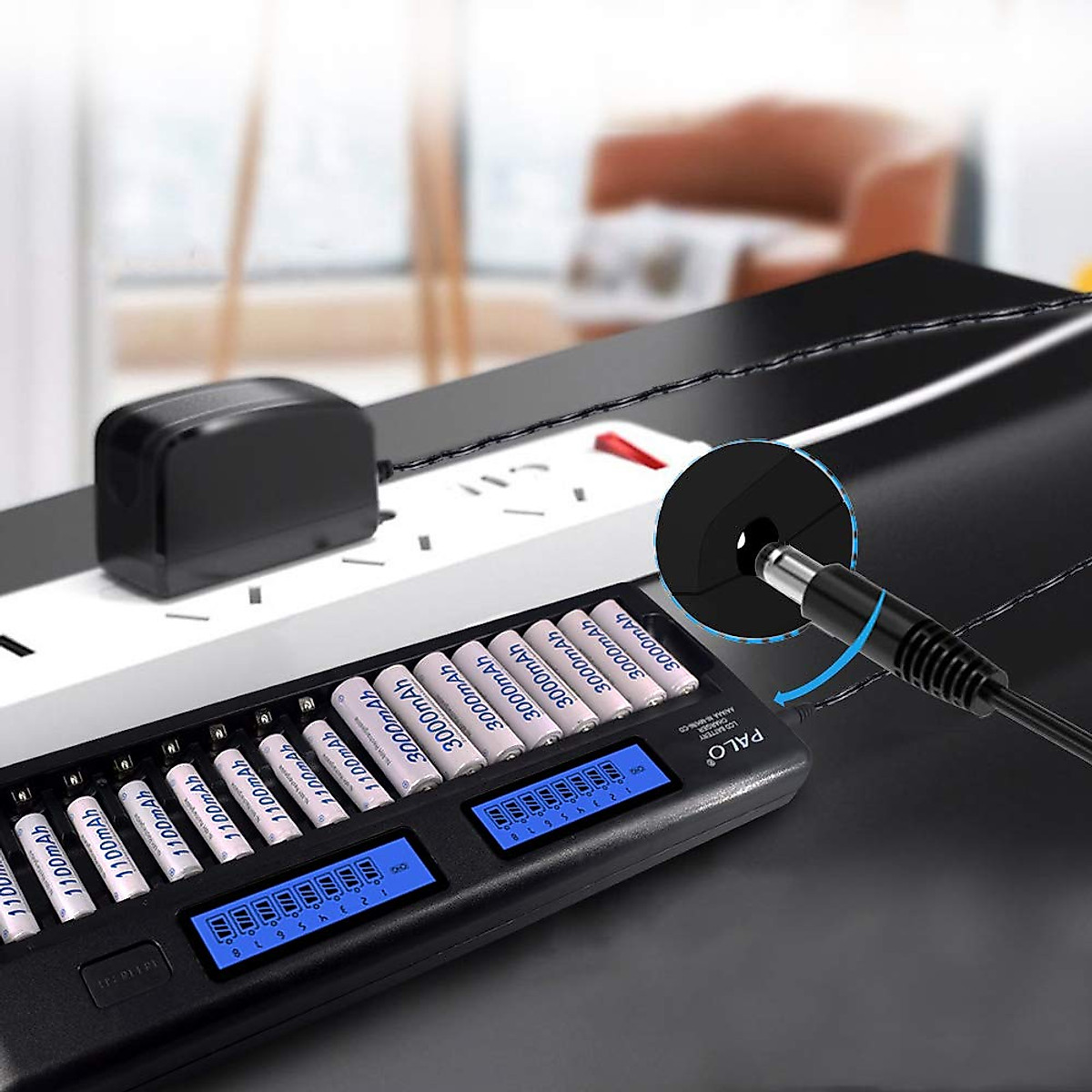 16 Bay Smart Battery Charger LCD Display for 1.2V AA/AAA NiMH/NiCd Rechargeable Batteries with Built-in IC Protection & AC Wall Adapter (Upgraded Charger White/Blue Screen)