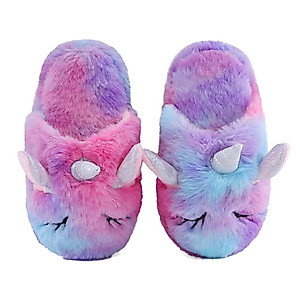 KAKU NANU Kids Slippers Fluffy Slippers Warm Rainbow Slippers Memory Foam Home Slides for Girls Boys(2.5-3.5 big kid)