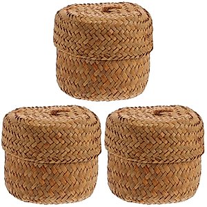 MAGICLULU 3pcs Flower Basket Candy Bowl Generic Round Basket Light House Decorations for Home Rustic Storage Bins Small Seagrass Basket with Lid Cutlery Desk Child Seaweed Cosmetic