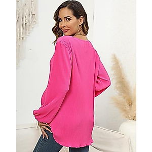 FREEYE Tunic Tops for Women Loose Fit, V Neck Long Sleeve Shirts Hot Pink Blouses for Women Dressy Tops for Women for Evening Party 2023 Dressy Cocktail Tops XL