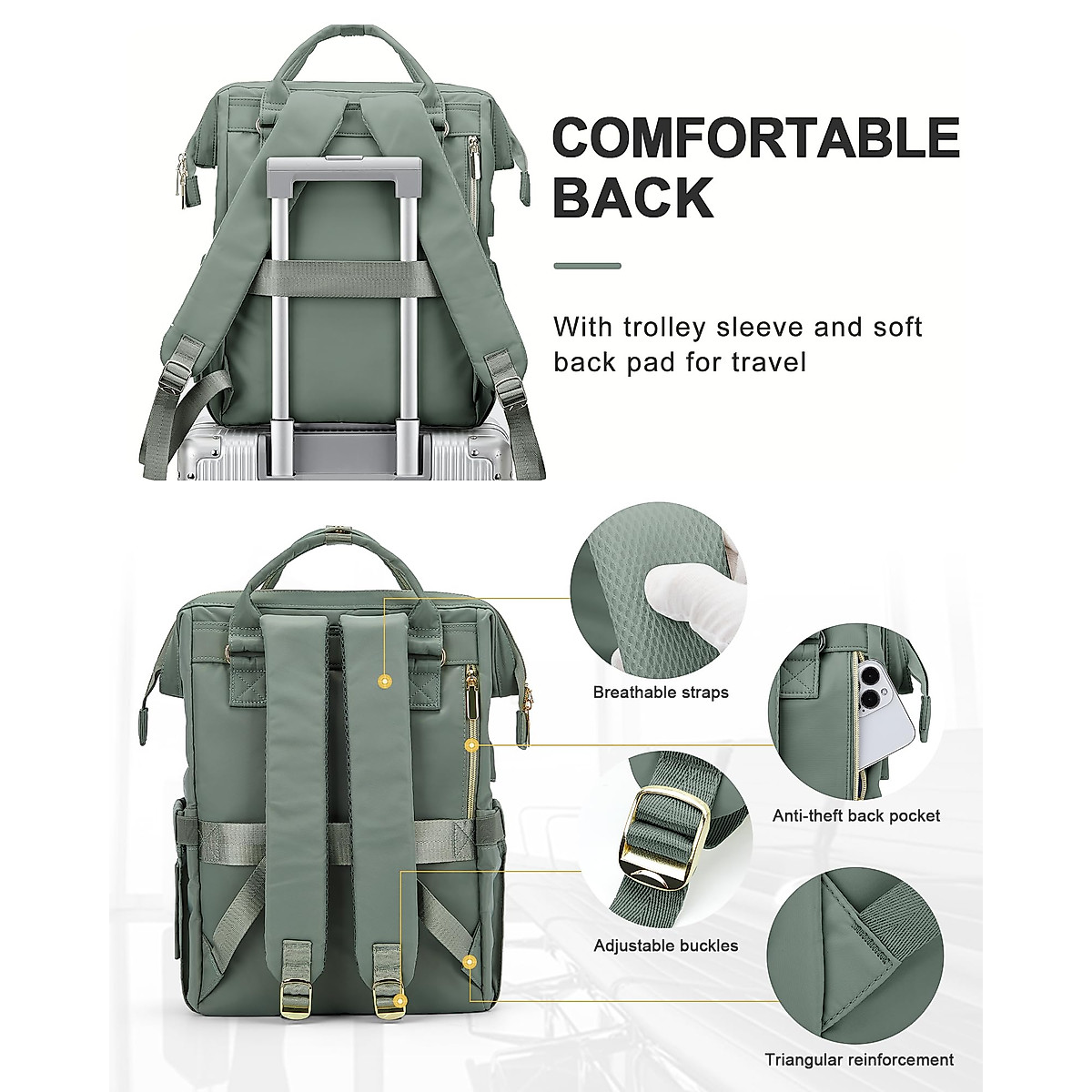 winspansy Travel Laptop Backpack for Women Men, Aesthetic Personal Item Size Carry on Backpack, Weekender College Casual Daypack Work Backpack Purse Waterproof Nurse Bag Fits 15.6 Inch Laptop, Green