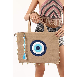 KarensLine Handmade Evil Eye Beach Bags Eco Friendly Bags Shoulder Bag Women Zipper Closure Wipeable Inner Lining