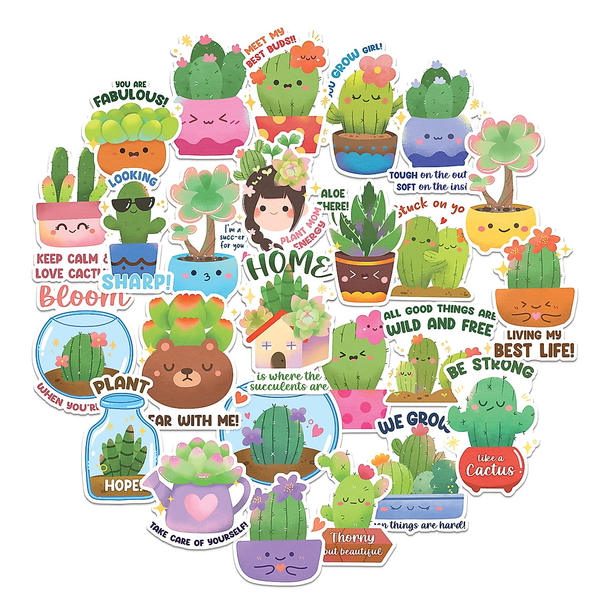 Navy Peony Lovable Cactus and Succulent Stickers (25pcs) - Waterproof, Child Proof House Plant Quote Stickers for Kids Craft, Laptop, Party Favors