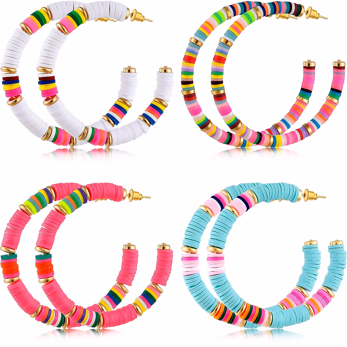 4 Pairs Heishi Hoop Earrings Rainbow African Vinyl Disc Bead Earrings Colorful Heishi Beaded Open Hoop Earring for Women (Fresh Style)