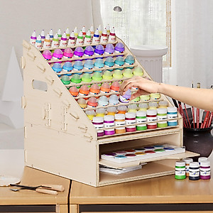 Gtouse Wooden Paint Storage Organizer, Citadel Paint Holder for 76 Bottles of Paints and 16 Paint Brushes Holder, 8-Tiers Craft Paint Storage Rack with 2 Cabinets for Art Tools for Artists