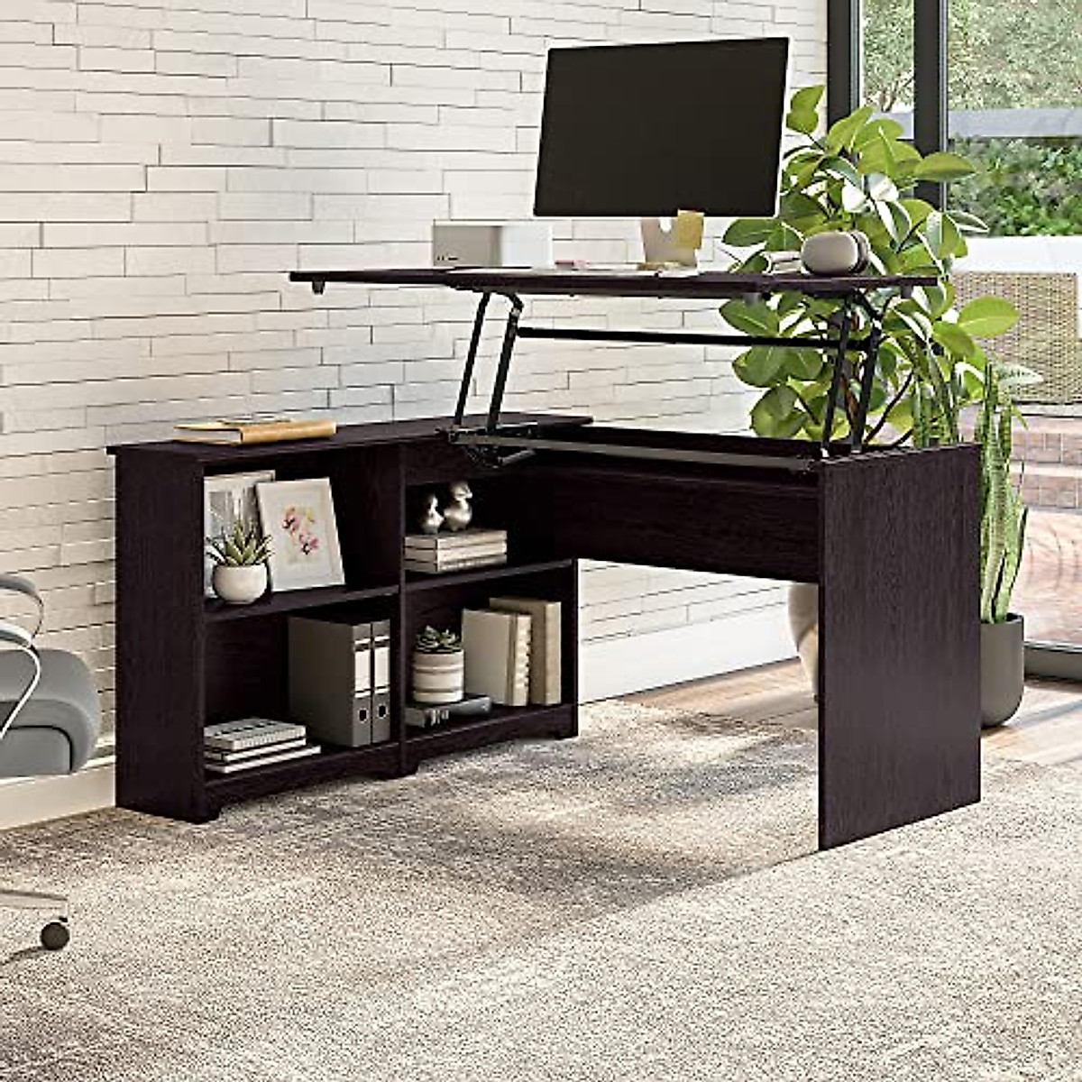 Bush Furniture Cabot 52W 3 Position Sit to Stand Corner Bookshelf Desk in Espresso Oak