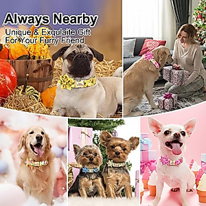 KINYABLUE Floral Pattern Cute Dog Collar for Large Dogs, Personalized Custom Dog Collars with Name, Soft Cotton Fall Dog Collar Girl with Detachable Bowtie & Flower, L (14-24")