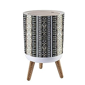 Trash Can with Lid Seamless Based on Ornament Paisley Bandana Print Vintage Style Silk Wood Small Garbage Bin Waste Bin for Kitchen Bathroom Bedroom Press Cover Wastebasket 7L/1.8 Gallon