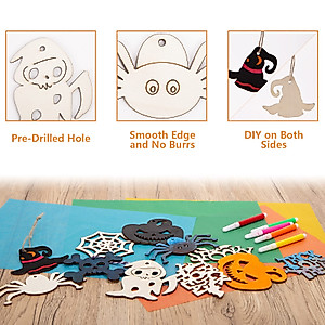 Shindel Halloween Wood Ornaments, 72PCS Unfinished Wood Cutouts Blank Wood Ornaments for Halloween Hanging Decorations Gifts