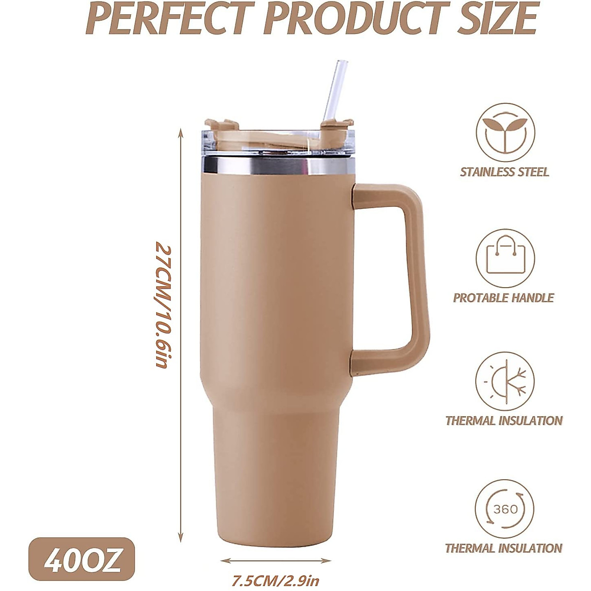 Bileeko 40 oz Tumbler with Handle and Straw, Reusable Stainless Steel Insulated Travel Mug Iced Coffee Cup Maintains Cold, Heat, and Ice for Hours(Driftwood)
