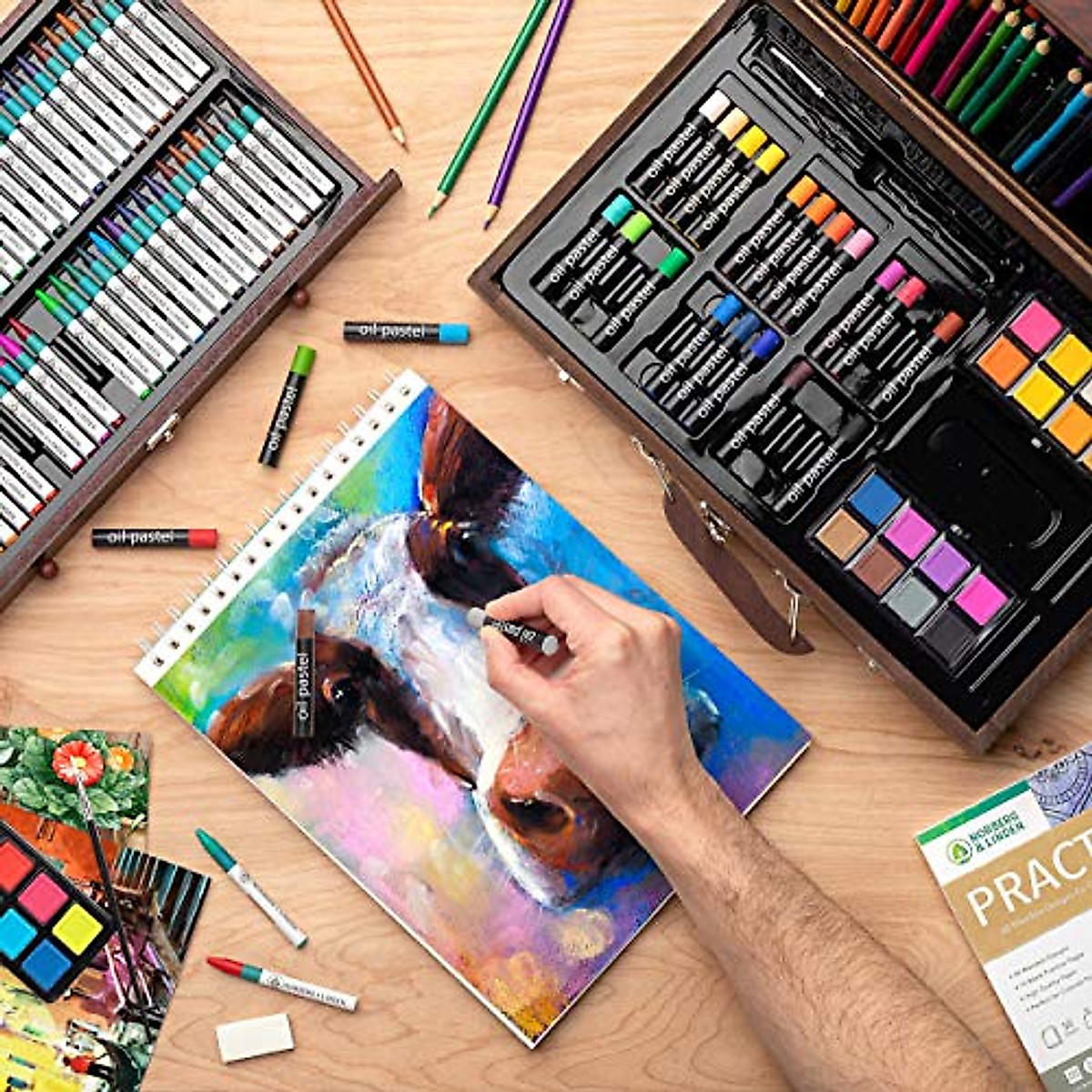 Norberg & Linden Art Supplies, XXL144 Art Set in Deluxe Wooden Box with Drawer Includes Crayons, Oil Pastels, Watercolor Paints, Colored Pencils, Sharpener, Sketch Pad for Adults and Kids