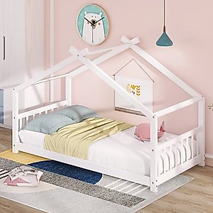 AOCOROE Wood House Bed Twin Bed Frame for Boys and Girls, Twin Size Playhouse-Design Montessori Floor Bed Platform Bed Frame,No Box-Spring Needed