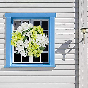 14'' Flower Wreath Small Hydrangea & Green Leaves Wreath with Real Grapevine for Front Door Windows Porch Home Window Wall Garden Decor