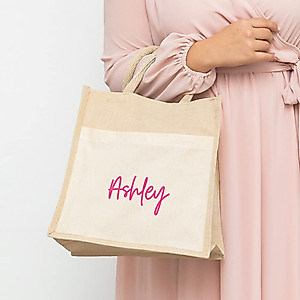 WEDDINGSTAR Personalized Medium Woven Jute Tote Bag With Pocket - Script Font