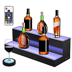 LED Lighted Liquor Bottle Display Shelf 24 inch 2 Step with LED Coaster for Home Commercial Bar, Acrylic Illuminated Bar Shelf with Remote,20 Static Colors, 22 Dynamic Modes (2 Step 24 inch)