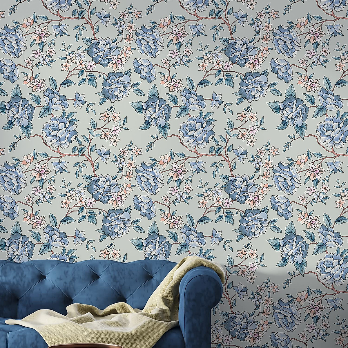 KAMTAIVOY Peel and Stick Wallpaper Blue Floral Contact Paper Removable Self-Adhesive Waterproof Flower Wallpaper Wall Mural Decoration 15.71inch x 118.1inch for livingroom Bedroom Wallpaper