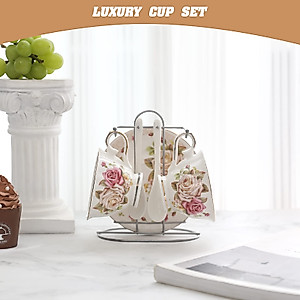 Viktorwan Porcelain Tea Cup and Saucer Coffee Cup Set with Saucer and Spoon, Set of 7 (2 Tea Cups, 2 Saucers, 2 Spoons, and 1 Bracket)