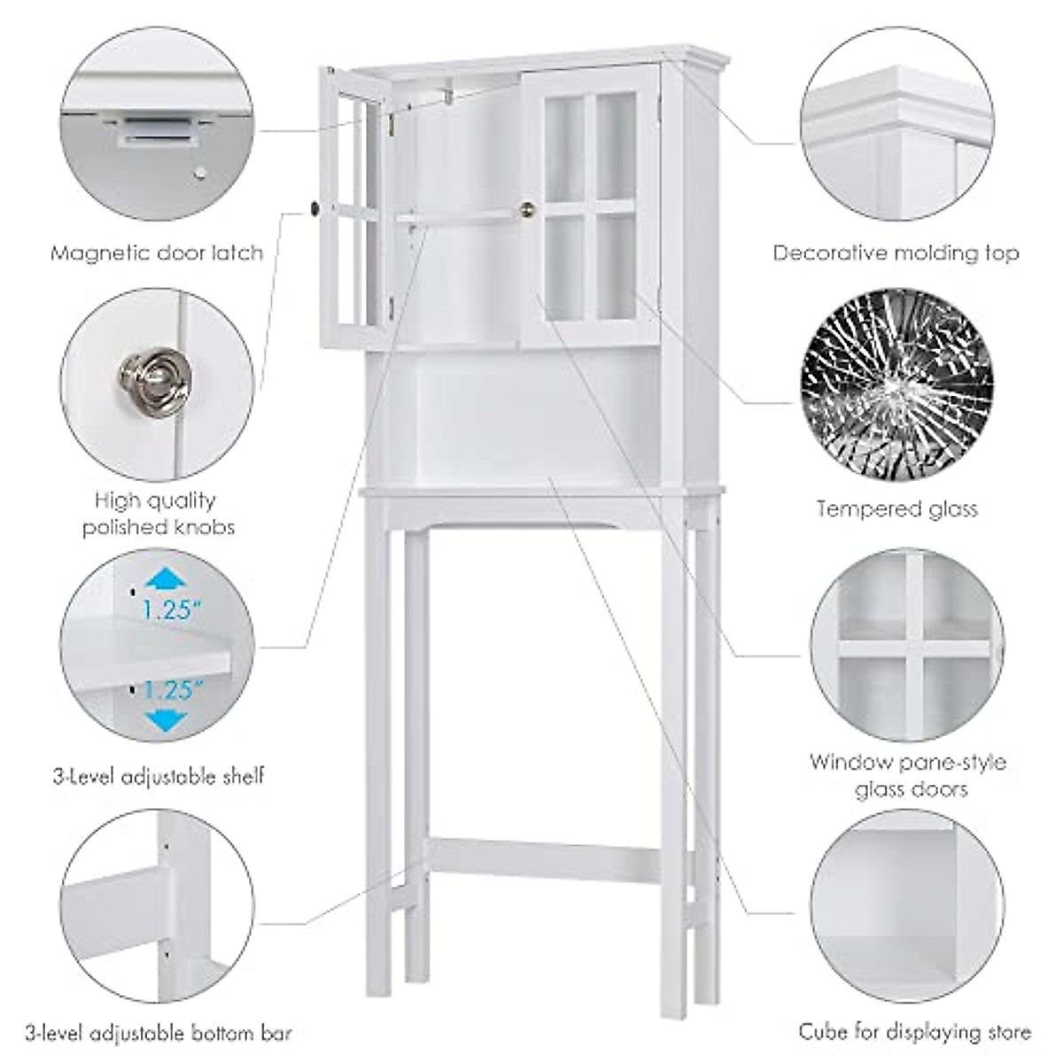 Spirich Bathroom Storage Cabinet Over Toilet, Over Toilet Storage Shelf Cabinet with Windowpane Glass Doors, Free Standing Space Saver Cabinet, White