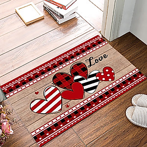 Valentine's Day Indoor Doormat Bath Rugs Non Slip, Washable Cover Floor Rug Absorbent Carpets Floor Mat Home Decor for Kitchen Bedroom Love Heart Red Black Plaid Retro Wood Grain (16x24)