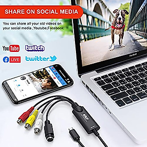 Kkf VHS to USB RCA Converter, Analog to Digital Video, Digital Video for VCR DSLR TV Box DVD Camera PS3 PS4,USB 2.0 Audio Capture Card Transfer Collector (RCA to USB C)