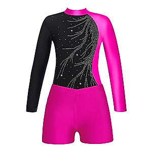 VernLan Girls One Piece Shiny Diamonds Long Sleeve Ballet Dance Leotard Gymnastics Ballerina Ballroom Performance Rose suit 8 Years