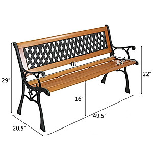 Patio Porch Garden Bench Cast Iron Outdoor Chair Love Seats Park Wooden Seat Bronze & Natural