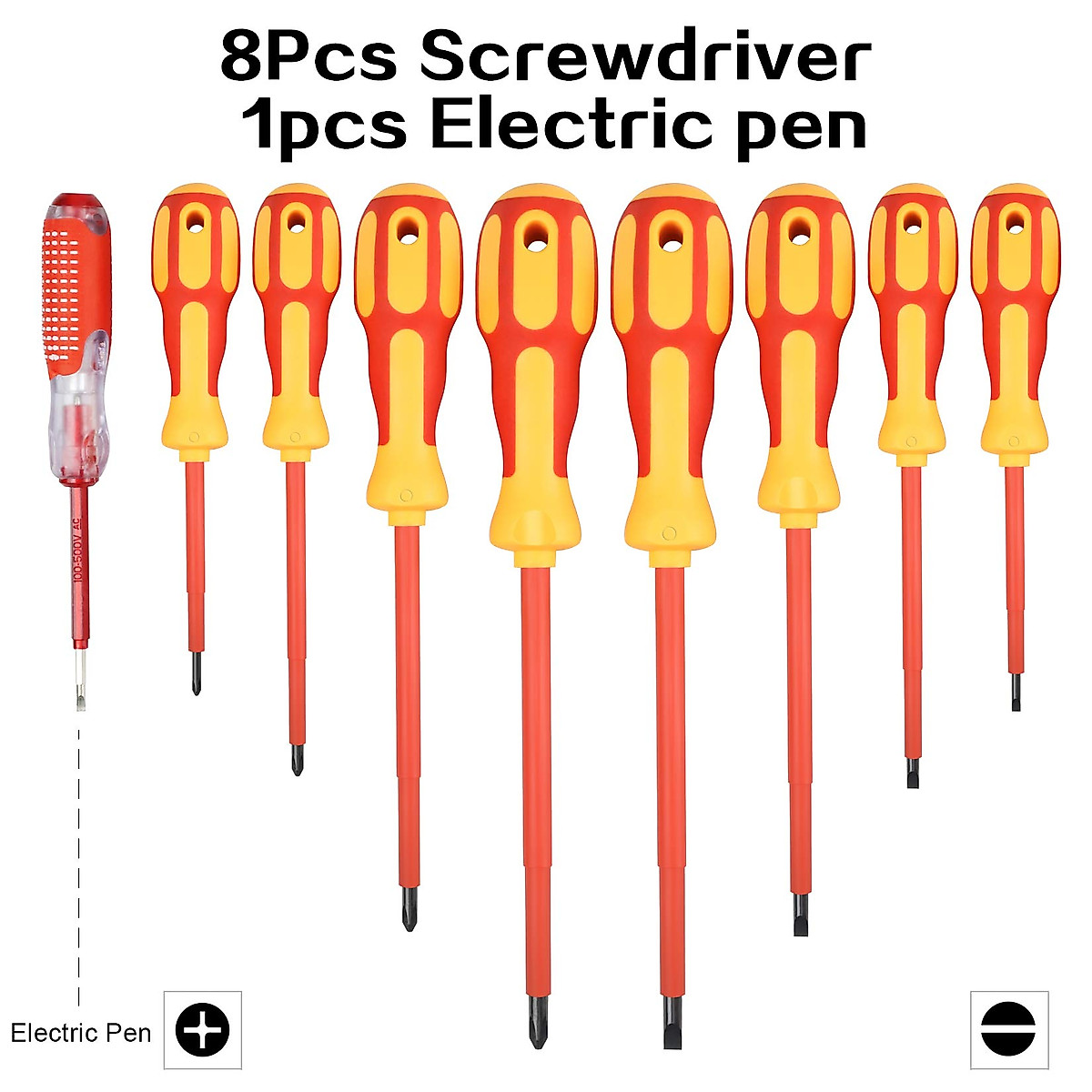 uoboeuq 9 Piece 1000V Insulated Electrician Screwdrivers Set with Magnetic Tips, Slotted and Phillips Bits Non-Slip Grip, with 1 Test pen Electrical screwdriver set