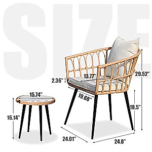 SoarFlash 3 Pieces Outdoor Wicker Bistro Set Rattan Conversation Set with Coffee Table, Patio Chair Set for Lawn, Garden,Backyard, Beige