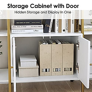 finetones Triple Wide 5-Tier Bookcase with Cabinet, White Bookshelf with Gold Metal Frame, Industrial Style Free Standing Bookshelf, Adjustable Feet, Large Open Display Shelves for Home & Office