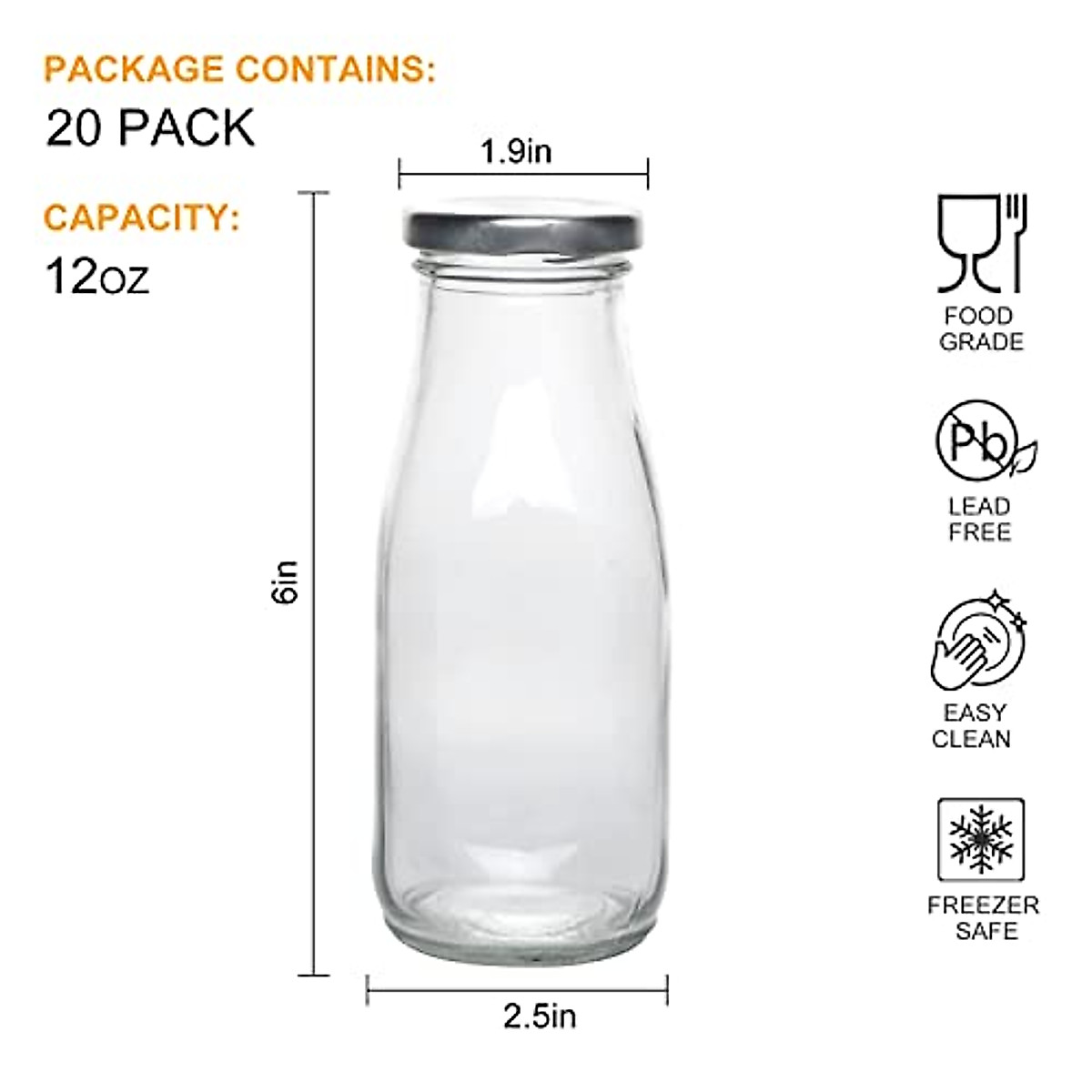 12 oz Glass Bottles, Clear Glass Milk Bottles with Silver Metal Airtight Lids, Vintage Breakfast Shake Clear Container, Vintage Drinking Bottles with Whiteboard Labels and Pen for Party,Kids,Set of 20