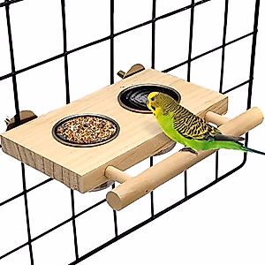 Tfwadmx Bird Food Stainless Steel Cups Wooden Perch Stand Hanging Feeder Bowls Feeding and Watering Supplies for Parakeets Conures Cockatiels Budgie Parrot