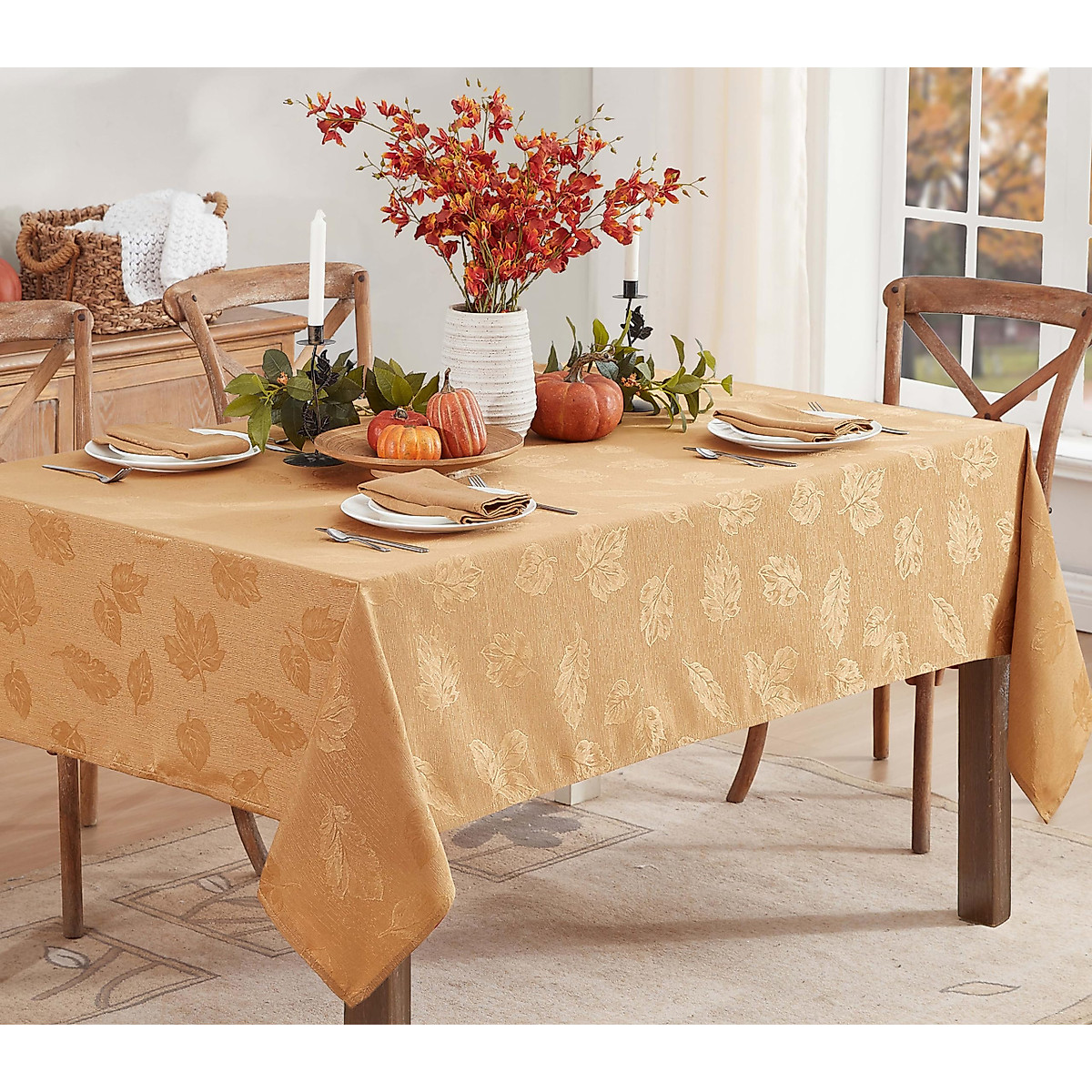 Newbridge Tremont Leaf Damask, Fabric Tablecloth, Swirling Leaves Damask, Print, Soil Resistant, Easy Care Tablecloth, 60 Inch x 144 Inch Rectangle, Gold