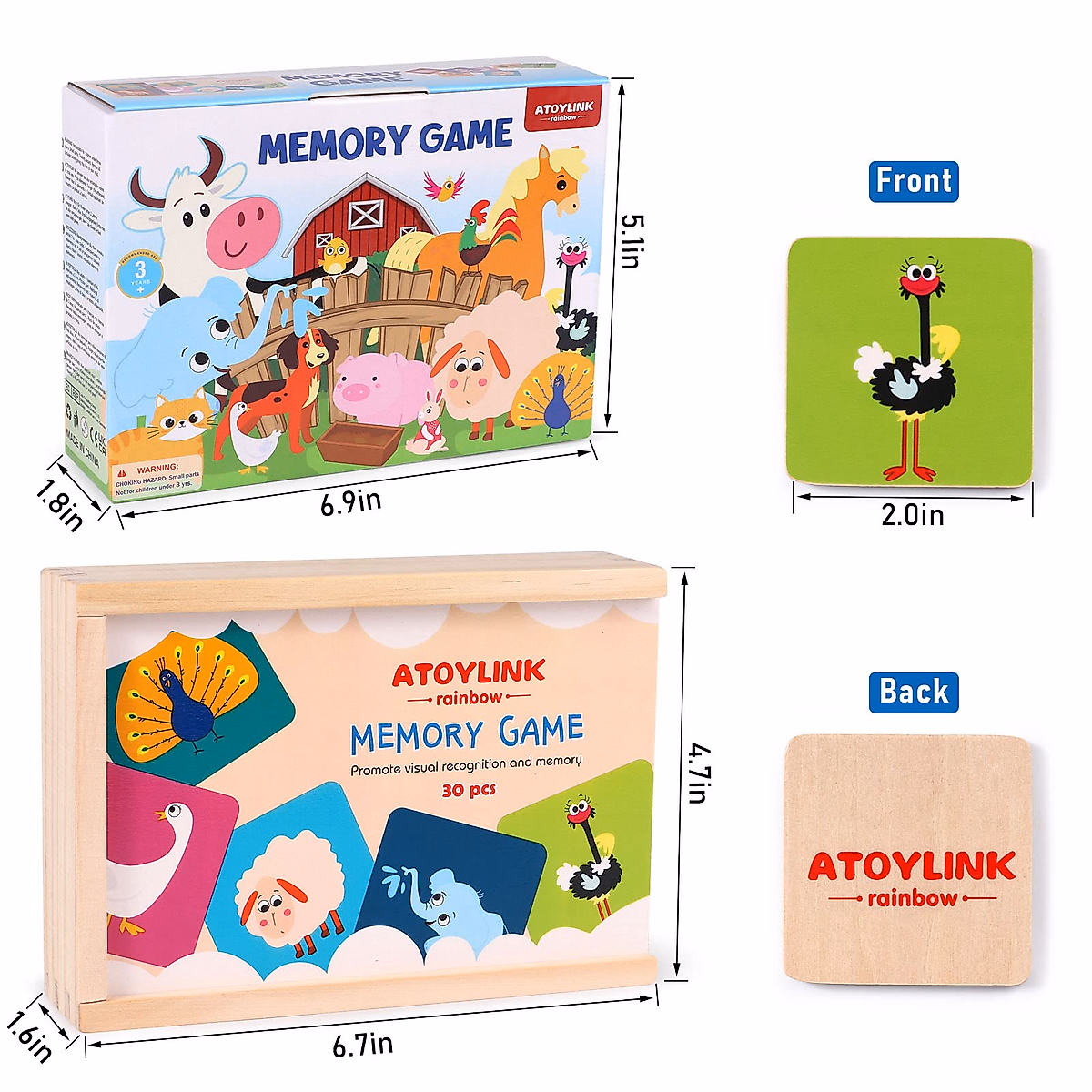 Atoylink Matching Memory Game for Kids 3 and Up - 30pcs Cute Animal Wooden Memory Card Matching Games Camp Concentration Memory Games for Toddler Boys and Girls