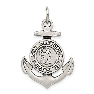 Solid 925 Sterling Silver Vintage Antiqued St Saint Christopher Anchor Medal Brushed Matte Finish Pendant Charm - 33mm x 20mm