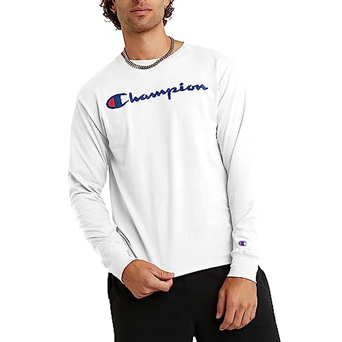 Champion Long Sleeve, Classic T-Shirt for Men (Reg. or Big & Tall), White Script, Medium