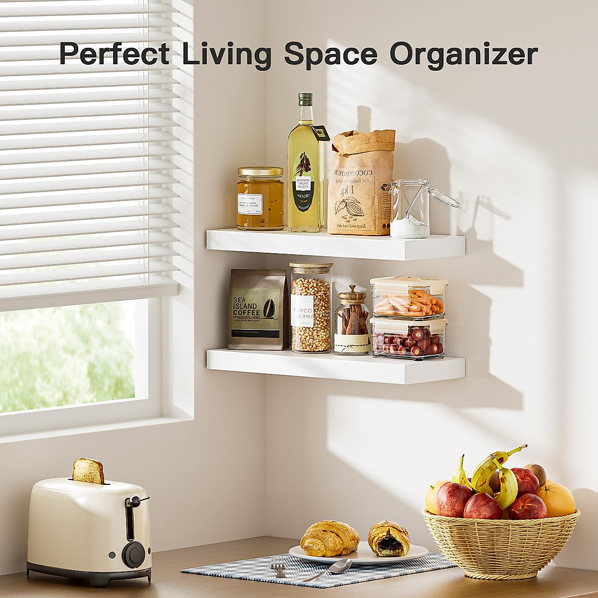 AMADA HOMEFURNISHING Pine Wood Floating Shelves, Solid Wood Wall Shelves with Enhanced One-Piece Brackets for Kitchen/Bathroom/Bedroom/Living Room Storage, Wooden Shelves for Room Wall Decor, AMFS30W