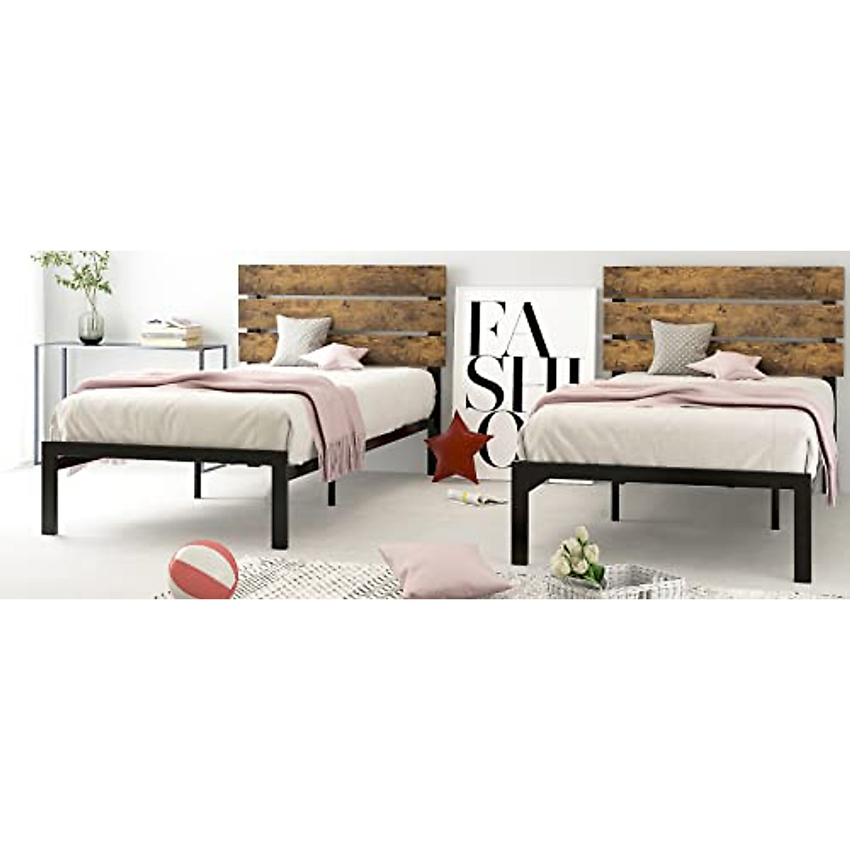 SHA CERLIN Twin Size Platform Bed Frame with Wood headboard and Metal Slats/Rustic Country Style Mattress Foundation/Box Spring Optional/Strong Metal Slats Support/Easy Assembly, Dark Brown