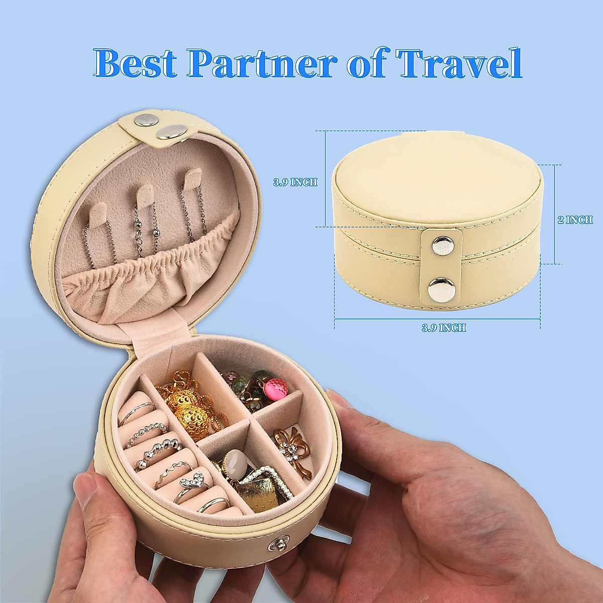 FYTSDIK Jewelry Holder Organizer, Travel Jewelry Case, Small Jewelry Box Travel Essentials Accessories for Women, Ring Necklace Earring Bracelet Box, Mini Gifts for Women Mom Grandma(PU-Beige) 1 Pack