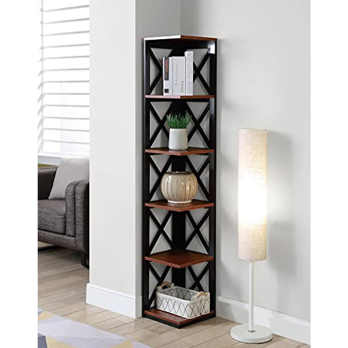 Convenience Concepts Oxford 5 Tier Corner Bookcase, Cherry / Black