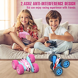 NUOKE Remote Control Car, Pink RC Cars for Girls, Rechargeable RC Truck, 2.4Ghz Double Sided 360° Rotating Stunt Car Toy with Headlights, Birthday Gift for Kids Age 3+