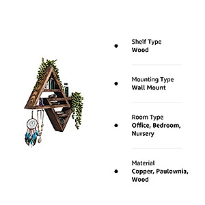 FM Moon Phase Triangle Shelf with Hooks - Moon Shelf for Crystal Display - Jewelry Hanger Key Holder - Aesthetic Room - Boho Moon Decor - Farmhouse Wall Decor (Small, Dark Brown)