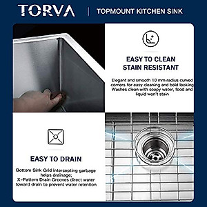 TORVA 18-Inch Drop-in Kitchen Sink, 16 Gauge Stainless Steel Topmount Single Bowl - 9 Inches Deep Bar/Prep Basin