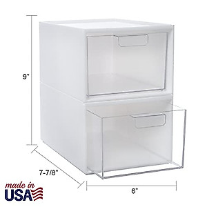 STORi Audrey Stackable Plastic White Organizer with Clear Drawer | 2 Piece Bin Set | Organize Cosmetics and Beauty Supplies on a Vanity | Made in USA