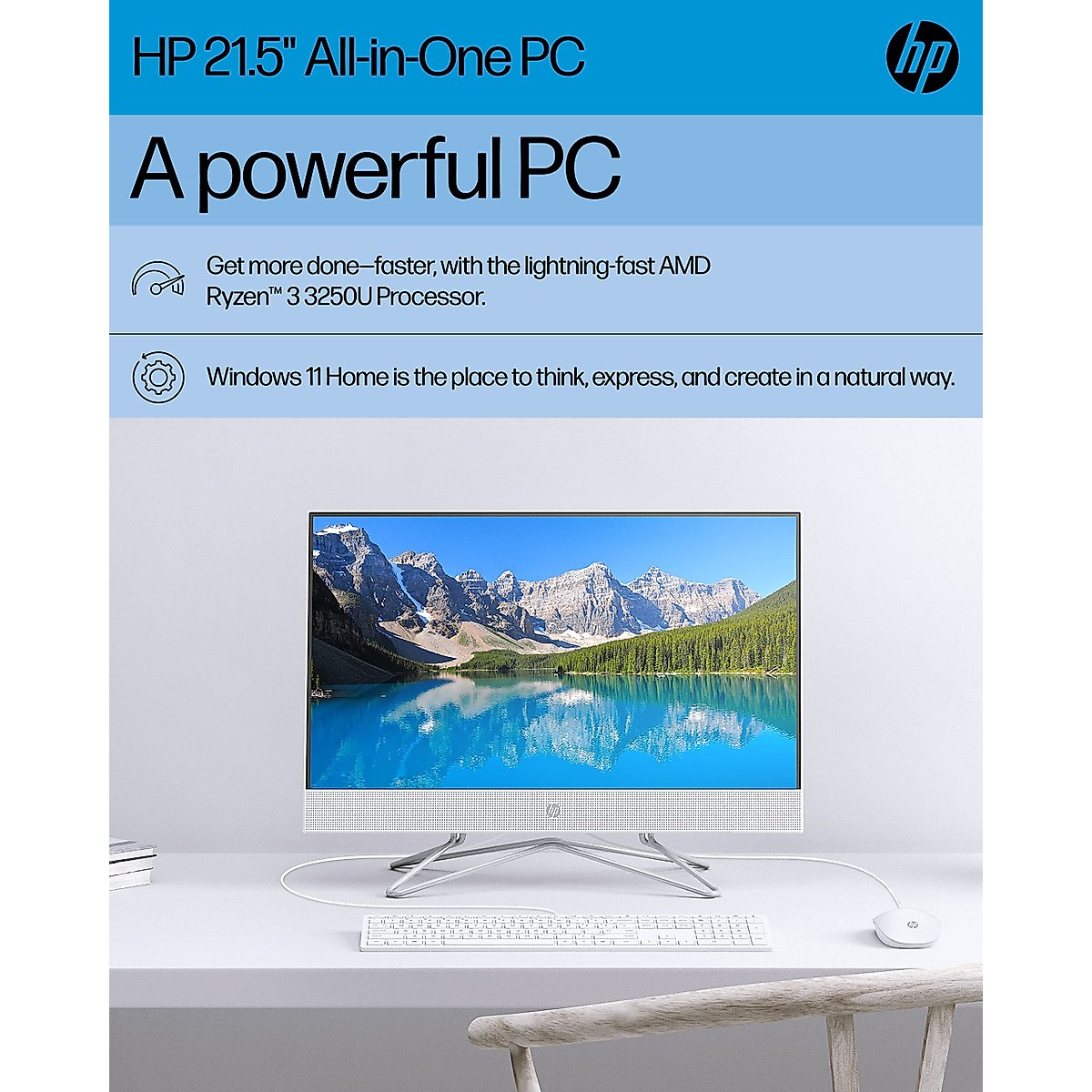 HP All-in-One PC Desk Computer, 21.5" Full HD Micro-Edge Display, AMD Ryzen 3 Processor, AMD Radeon Graphics, 8GB SDRAM, 256GB SSD, Windows11 Home OS, Bluetooth, and Wi-Fi (22-dd0032) (Renewed)