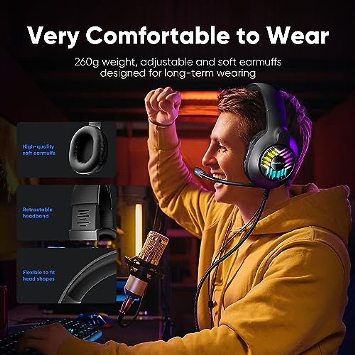 OLANRUN Gaming Headset with Microphone for PC - Stereo Gaming Headphones with Mic for Xbox One, Xbox Series X|S, PS5, PS4 - Wired PC Gaming Headset with 9 Color RGB for Computer, Laptop (Black)