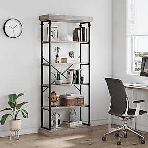 IDEALHOUSE Industrial Bookshelf Wood Bookcase 6 Tier Storage Open Rack Shelf with Metal Frame Rustic Tall Standing Bookshelves Large Grey Display Rack for Bedroom,Living Room and Home Office