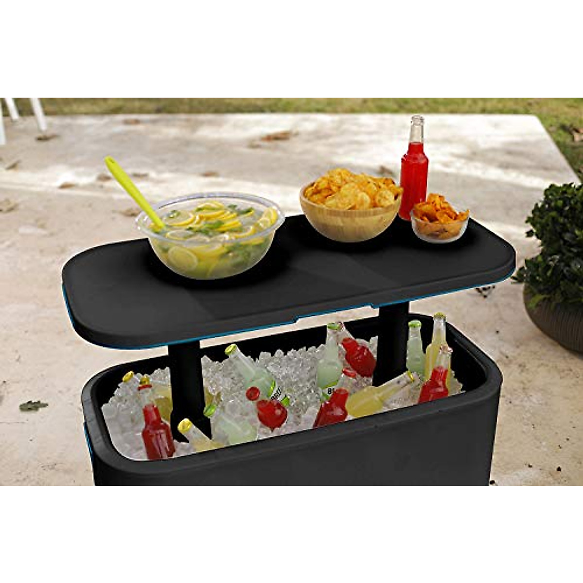 KETER Breeze Bar Outdoor Patio Furniture and Hot Tub Side Table with 14.8 Gallon Beer and Wine Cooler, Dark Grey & Teal