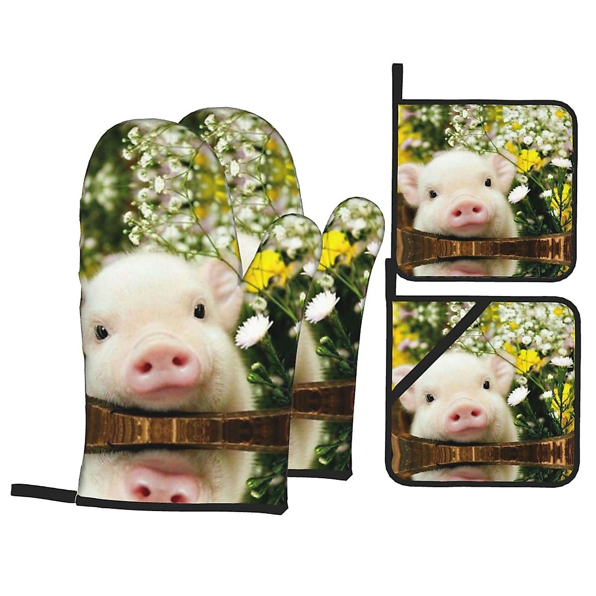 Rape Flower Pig Extra Long Oven Gloves and Hot Pads Set 4pcs for Cooking and Baking with Pockets